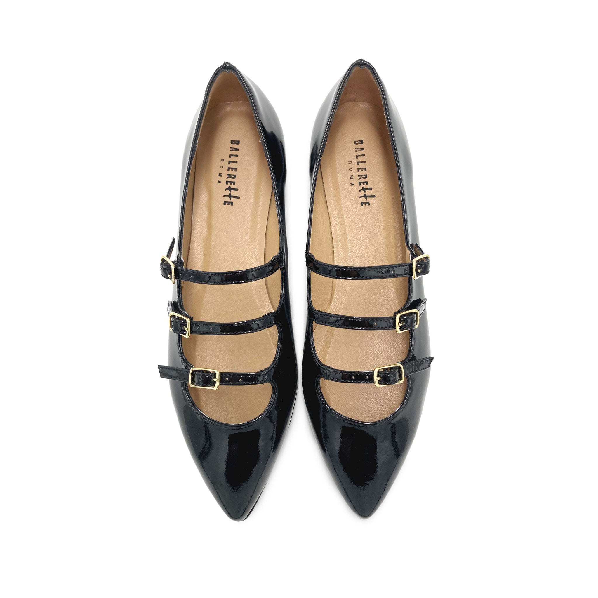 Black shiny pointed ballet flats with three straps