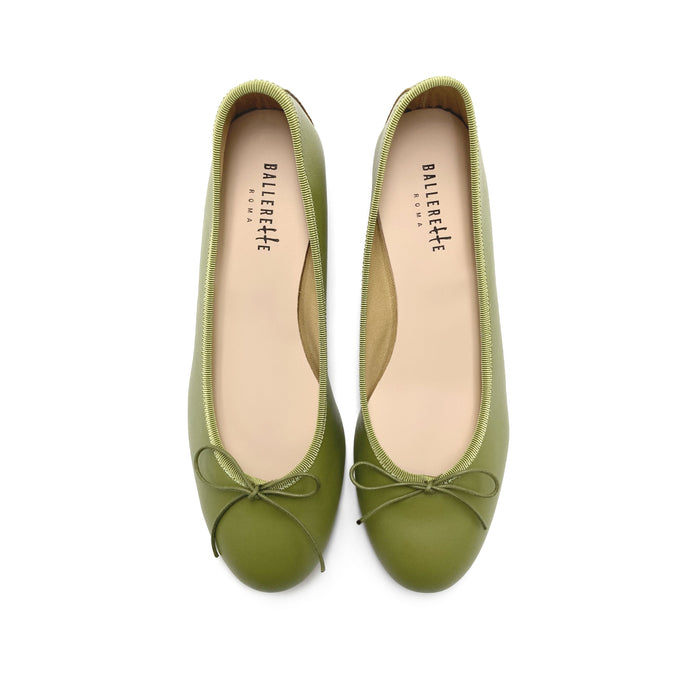 Olive green leather ballet flats with heel