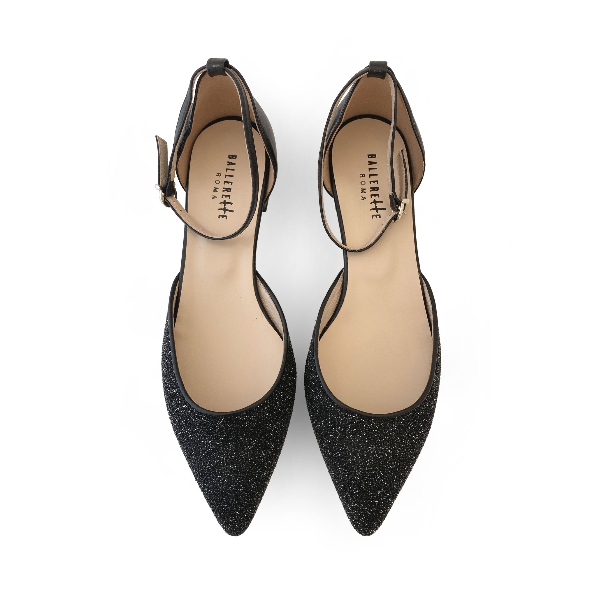 Black laminate suede sabot with ankle strap