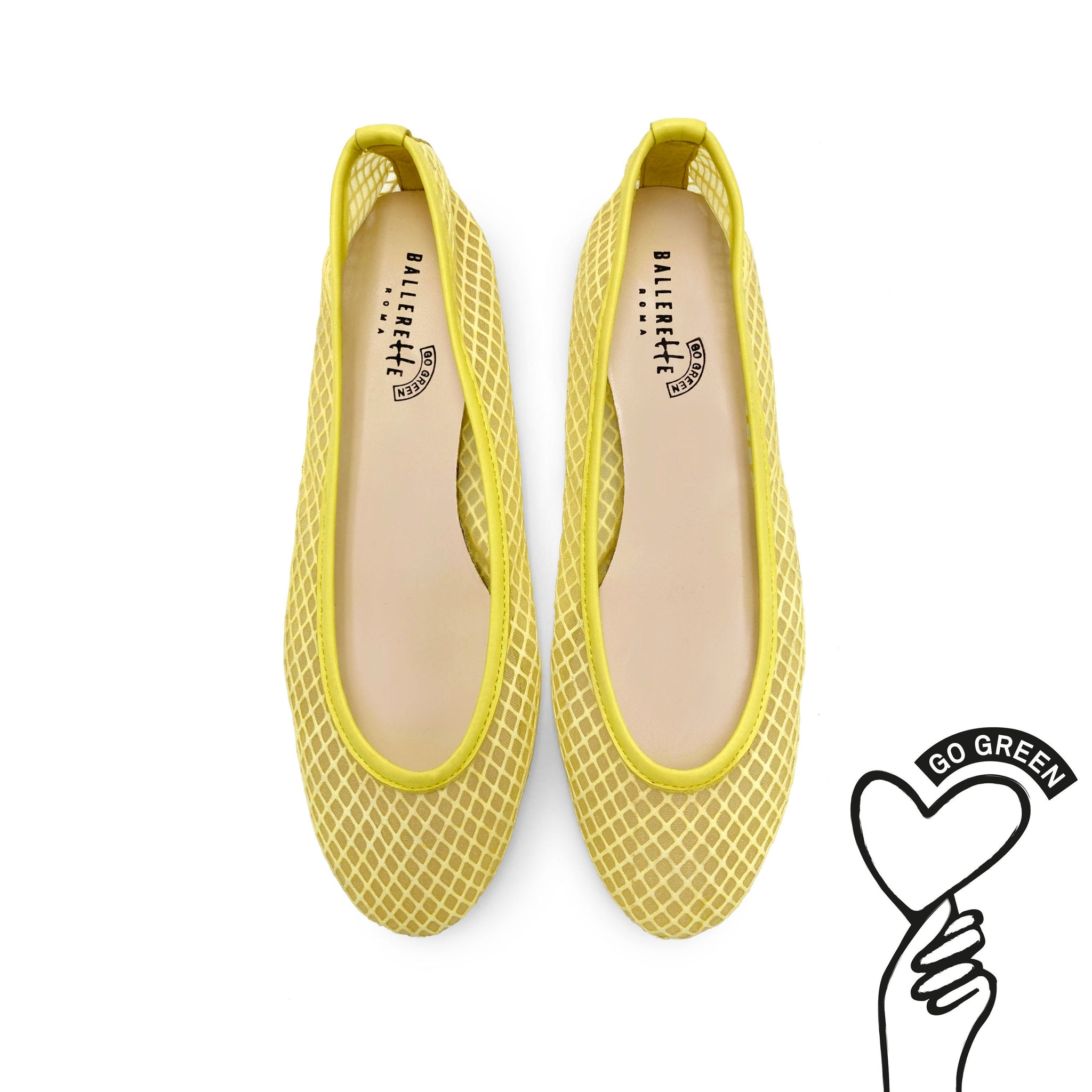 Yellow transparent mesh ballet flats in eco recycled fabric