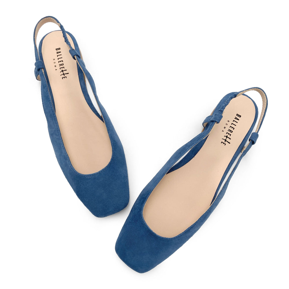 Cerulean blue suede square toe slingback ballet flats